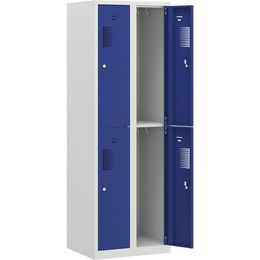 eurokraft basic Doppelstock-Spind Amsterdam, 2 Abteile, Breite 600 mm, 4 F&auml;cher, lichtgrau / enzianblau