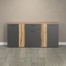 Kommode Home Affaire "Estepona", anthrazit und eichefarben, B:181cm H:86cm T:38cm, FSC-zertifizierter Holzwerkstoff, Kunststoff, Sideboards, Kommode, Sideboard mit anpassbaren T&uuml;ren mit Rillen-Optik