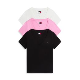 V-Shirt Tommy Jeans "TJW 3PACK V-NECK TEE", Damen, Gr. L (42/44), schwarz, ecru, pink daisy, Single Jersey, Obermaterial: 100% Baumwolle, unifarben, normal, V-Ausschnitt, Shirts, Baumwolle, V-Ausschnitt, 3 St&uuml;ck im Set