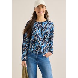 Langarmshirt Cecil, Damen, Gr. L (42), universal blau, Web, 50% Baumwolle, 50% Modal, gemustert, comfort fit normal, U-Boot-Ausschnitt, B&uuml;ndchen, Shirts Langarmshirt, mit Tape Detail am &Auml;rmel