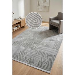 Teppich OTTO HOME "Jonnis, mit Fransen, Boho-Design, Scandi, Designteppich", grau, B:160cm H:9mm L:230cm, Kunstfaser, Teppiche, Teppich, Hoch-Tief, 3D Optik, skandinavischer Stil, Wohnzimmer, Schlafzimmer