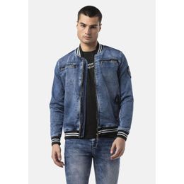 Cipo & Baxx Bomberjacke CIPO & BAXX "CJ310", Herren, Gr. M, blau, Stoff, 98% Baumwolle, 2% Elasthan, bedruckt, slim fit normal, Rundhals, Manschette, Jacken Bomberjacke, Auff&auml;llige Stickerei auf der R&uuml;ckseite