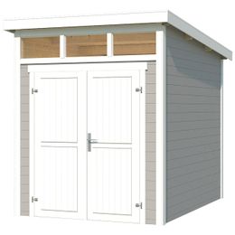 Gartenhaus Nordic Holz "Kibo 2", grau (lichtgrau), ohne Fu&szlig;boden, ohne Dacheindeckung, Holzwerkstoff, Gartenh&auml;user, Gartenhaus, Blockbohlenhaus 28mm, Fundamentmass 2000x2500 , Lichtgrau