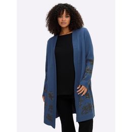 Longstrickjacke sheego, Damen, Gr. 44/46, jeansblau, graphit, gemustert, 50% Viskose, 28% Polyester, 22% Polyamid, gebl&uuml;mt, gemustert, mehrfarbig, Strickjacken Longstrickjacke