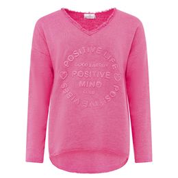 Sweatshirt Zwillingsherz "Positive Mind", Damen, Gr. L/XL, neonpink, Sweatware, Obermaterial: 70% Baumwolle, 30% Polyester, l&auml;ssig geschnitten Po-bedeckend, V-Ausschnitt, Sweatshirts Sweatshirt, ausgefranster V-Ausschnitt, Used Look, Langarm, Schriftzug