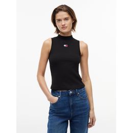 Tanktop Tommy Jeans "TJW SLIM BADGE RIB MOCK TANK", Damen, Gr. L (42/44), schwarz, Rippware, Obermaterial: 95% Baumwolle, 5% Elasthan, unifarben, slim fit normal, Rundhals, Tops Tanktop, Baumwollmischung, slim fit, igurbetont, in gerippter Struktur