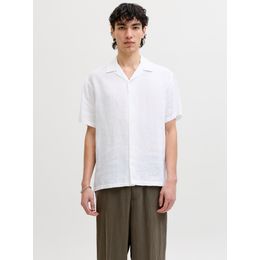 Jack & Jones Leinenhemd JACK & JONES "JPRBLALAWRENCE LINEN RESORT S/S SHIRT SN", Herren, Gr. L, N-Gr, hellwei&szlig;, Web, Obermaterial: 100% Leinen, unifarben, normal, V-Ausschnitt, Hemden, Leinen, relaxed fit