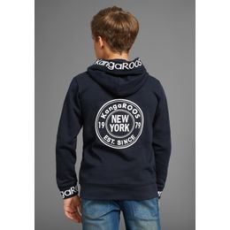 Kapuzensweatshirt Kangaroos "R&uuml;ckendruck", Jungen, Gr. 152/158, blau (marine), angeraute Sweatware, Obermaterial: 100% Baumwolle, bedruckt, Basic, angesetztes B&uuml;ndchen, Sweatshirts, und Logo-Schriftz&uuml;ge an B&uuml;ndchen