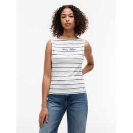 Tanktop Tommy Hilfiger "CLASSIC SCRIPT BOAT-NK TOP", Damen, Gr. L (42/44), fine stp ecru, schwarz night navy, Single Jersey, Obermaterial: 95% Baumwolle, 5% Elasthan, gestreift, regular fit normal, U-Boot-Ausschnitt, Tops Tanktop, Baumwollmischung, U-Boot Ausschnitt