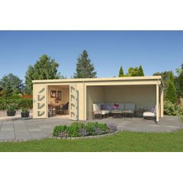 Gartenhaus Lasita Maja "New Orleans", beige (naturbelassen), ohne Fu&szlig;boden, R&uuml;ckwand, ohne Dacheindeckung, Massivholz, Gartenh&auml;user, Gartenhaus, Blockbohlenhaus 28mm mit Anbau