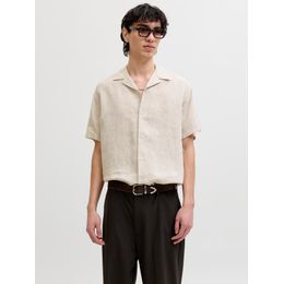 Jack & Jones Leinenhemd JACK & JONES "JPRBLALAWRENCE LINEN RESORT S/S SHIRT SN", Herren, Gr. L, N-Gr, silber lining, Web, Obermaterial: 100% Leinen, unifarben, normal, V-Ausschnitt, Hemden, Leinen, relaxed fit