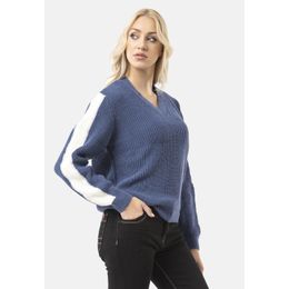 Cipo & Baxx Strickpullover CIPO & BAXX "WP260", Damen, Gr. L, indigo, 50% Baumwolle, 50% Polyacryl, gestreift, regular fit, V-Ausschnitt, Rippstrickb&uuml;ndchen, Pullover Strickpullover, mit Streifendetails an den &Auml;rmeln
