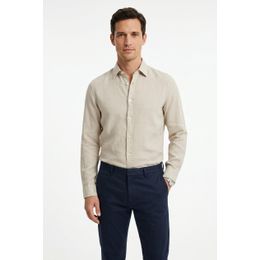 Leinenhemd BOSS Orange "Relegant 6 M", Herren, Gr. L, N-Gr, light beige271, Web, Obermaterial: 100% Leinen, unifarben, regular fit normal, Rundhals, 2-Knopf-Manschette, Hemden, Kentkragen, reines Leinen, Regular Fit
