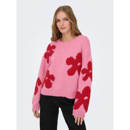 Strickpullover Only "ONLBOOTLE LIFE LS FLOWER O-NECK KNT", Damen, Gr. XS, wild rose detail:salsa, Strick, Obermaterial: 100% Polyester, gemustert, regular fit normal, Rundhals, Rippb&uuml;ndchen, Pullover Strickpullover, Kunstfaser, loose fit