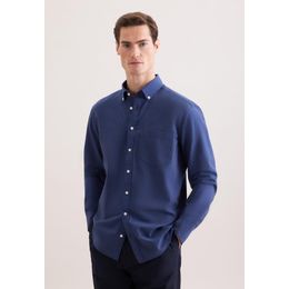 Leinenhemd Seidensticker, Herren, Gr. S (37), normale &Auml;rmell&auml;ngen, mittelblau, 80% Baumwolle, 20% Leinen, unifarben, slim fit, 2-Knopf-Manschette, Hemden, Slim 1/1 Button-Down-Kragen Uni