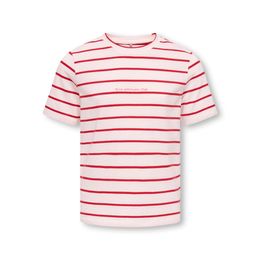 T-Shirt KIDS Only "KOGHELLE LIFE S/S STRIPE REG. TOP JRS", M&auml;dchen, Gr. 122/128, tomato print:cloud dancer, print nice, Jersey, Obermaterial: 100% Baumwolle, geringelt, gestreift, figurbetont normal, Rundhals, Shirts T-Shirt