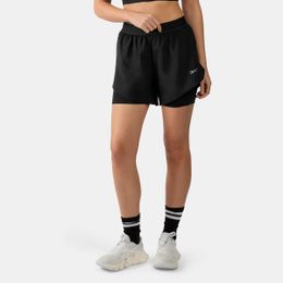 Laufshorts Reebok "RUNNING 2 IN 1 SHORT", Damen, Gr. L, N-Gr, night schwarz, Obermaterial: 100% Polyester. Futter: 91% Polyester, 9% Elasthan. Wattierung: 93% Polyester, 7% Elasthan, Hosen, sportlicher Stil, f&uuml;r Laufaktivit&auml;ten, f&uuml;r Sportmode und Freizeit