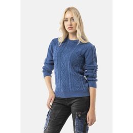 Cipo & Baxx Strickpullover CIPO & BAXX "WP267", Damen, Gr. L, indigo, 100% Baumwolle, unifarben, regular fit, Rundhals, Rippstrickb&uuml;ndchen, Pullover Strickpullover, mit Zopfmuster