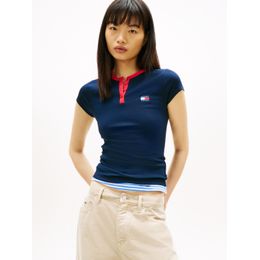 Henleyshirt Tommy Jeans "TJW SLIM HENLEY BADGE SS TEE", Damen, Gr. L (40), schwarz night navy, Single Jersey, Obermaterial: 95% Baumwolle, 5% Elasthan, unifarben mit Farbeinsatz, slim fit h&uuml;ftlang, Rundhals, Shirts, mit Kontrastdetail