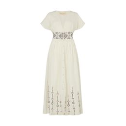 Midikleid RAFFYA "Sally Ann Button Down Embroidery Maxi Dress Damen", Damen, Gr. 42, Normalgr&ouml;&szlig;en, beige, 100% Baumwolle, Kleider Midikleid