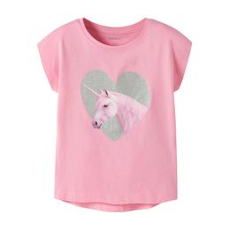 T-Shirt name it "NMFVOTIA CAPSL TOP", M&auml;dchen, Gr. 104, pink drink print:glitter unicorn, Jersey, Obermaterial: 100% Baumwolle, bedruckt, loose fit normal, Rundhals, Shirts T-Shirt, Baumwolle, loose fit