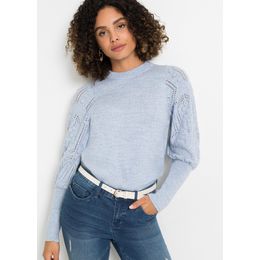 Strickpullover bonprix, Damen, Gr. 44/46 (L), blau (hellblau), Strick, Obermaterial: 84% Polyacryl, 10% Polyester, 6% Polyamid, gemustert, unifarben, bequem h&uuml;ftbedeckend, Rundhals, weit extrabreites B&uuml;ndchen, Pullover Strickpullover, Ballon&auml;rmel mit tollem Ajourmuster und extra breitem Strickb&uuml;ndchen