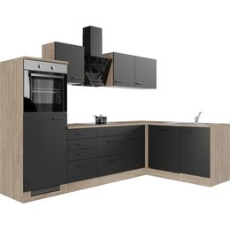 K&uuml;che Flex-Well "Capri", schwarz (k&uuml;che: schwarz, front: schwarz, korpus: endgrain oak, arbeitsplatte: endgrain oak), B:280,17cm H:200cm T:60cm, Komplettk&uuml;chen-Sets, mit und ohne E-Ger&auml;ten erh&auml;ltlich, Gesamtbreite 280x170 cm