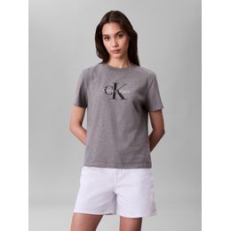 T-Shirt Calvin Klein Jeans "HERO SS CLASSIC MONOLOGO CNECK T", Damen, Gr. S, med grau heather, Jersey, Obermaterial: 100% Baumwolle, klassisch h&uuml;ftlang, Rundhals, Shirts T-Shirt, Logoschriftzug