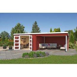 Gartenhaus Lasita Maja "New Orleans", rot (schwedenrot), ohne Fu&szlig;boden, R&uuml;ckwand, ohne Dacheindeckung, Massivholz, Gartenh&auml;user, Gartenhaus, Blockbohlenhaus 28mm mit Anbau