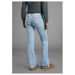 Bootcut-Jeans Arizona "mit Keileins&auml;tzen", Damen, Gr. 46, N-Gr, blau (bleached), Denim/Jeans, Obermaterial: 76% Baumwolle, 16% Polyester, 7% Viskose, 1% Elasthan, Basic, eng lang, Jeans, ausgestellte Beinform, niedrige Leibh&ouml;he, elastisches Material, Topseller