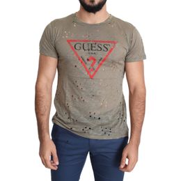 Guess Braun Baumwolle Stretch Logo Druck Herren Freizeit Perforiertes T-Shirt
