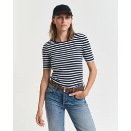 T-Shirt Gant "SLIM STRIPED 1X1 RIBBED KA T-SHIRT", Damen, Gr. XS, blau (evening blau), Jersey, Obermaterial: 95% Baumwolle, 5% Elasthan, gestreift, slim fit h&uuml;ftlang, Rundhals, abgesteppt, Shirts T-Shirt, mit dezentem Logoschriftzug am &Auml;rmelabschluss