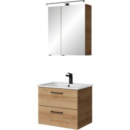 Badezimmer-Set SAPHIR "3-tlg. Keramikwaschtisch, Waschtischunterschrank, Spiegelschrank", riviera eiche quer nachbildung, B:60cm H:200cm T:44cm, Spanplatte, Kastenm&ouml;bel-Sets