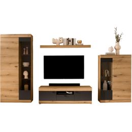 Wohnwand Home Affaire "Soleto, zeitlose Anbauwand, Komplettset im modernen Stil", eiche evoke, B:350cm H:201cm T:35cm, FSC-zertifizierter Holzwerkstoff, Kastenm&ouml;bel-Sets, Wohnwand, enth&auml;lt Vitrinen, Lowboard und Wandboard