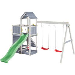Spielturm Fungoo "FLOPPI", grau, Spielt&uuml;rme, KinderB:379cm H:262cm T:396cm, FSC-zertifizierter Massivholz, Metall, Polyethylen, mit Rutsche, Doppelschaukel, Kletterwand, Teleskop, Lenkrad, B:379cm H:262cm T:396cm