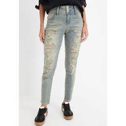 Skinny-fit-Jeans bonprix "Skinny Jeans High Waist, Stretch", Damen, Gr. 46, K-Gr, blau (hellblau denim heavy washed (kurz)), Denim/Jeans, Obermaterial: 76% Baumwolle, 16% Polyester, 7% Viskose, 1% Elasthan, Abriebeffekte, Destroyed-Effekte, skinny fit kn&ouml;chelfrei, Jeans, Skinny-fit, mit breitem High Waist Bund, coole Destroyed Effekte