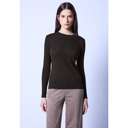 Langarmshirt STREET ONE STUDIO, Damen, Gr. 40, schwarz auburn braun, Web, 95% Baumwolle, 5% Elasthan, unifarben, normal normal, Rundhals, abgesteppt, Shirts Langarmshirt, Rundhalsausschnitt