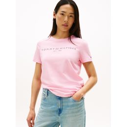 Kurzarmshirt Tommy Hilfiger "REG CORP LOGO C-NK mit Logoschriftzug und Stickerei", Damen, Gr. L (40), rosa (classic pink), Jersey, Obermaterial: 100% Baumwolle, bedruckt, unifarben, normal h&uuml;ftlang, Rundhals, eingesetzt abgesteppte Kante, Shirts, Baumwolle