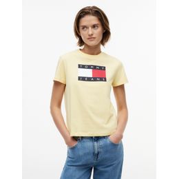Kurzarmshirt Tommy Jeans "TJW REG TJ FLAG SS TEE", Damen, Gr. L (42/44), citronella, Single Jersey, Obermaterial: 100% Baumwolle, bedruckt, regular fit normal, Rundhals, Shirts, Baumwolle, Logodruck, regular fit