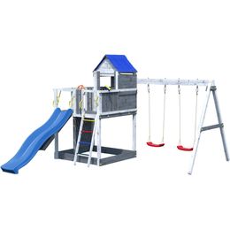 Spielturm Fungoo "Treehouse", blau, Spielt&uuml;rme, KinderB:443cm H:272cm T:501cm, FSC-zertifizierter Massivholz, Metall, Polyethylen, mit Spielhaus, Rutsche, Doppelschaukel, Kletterwand, B:443cm H:272cm T:501cm