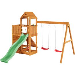 Spielturm Fungoo "FLOPPI", teakfarben, Spielt&uuml;rme, KinderB:379cm H:262cm T:396cm, FSC-zertifizierter Massivholz, Metall, Polyethylen, mit Rutsche, Doppelschaukel, Kletterwand, Teleskop, Lenkrad, B:379cm H:262cm T:396cm