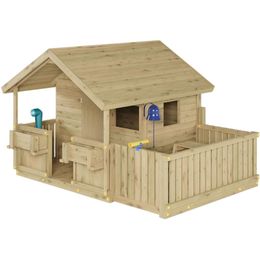 Spielhaus Fungoo "SUNNY BANDCORNER", natur, Spielh&auml;user, KinderB:267cm H:178cm T:182cm, FSC-zertifiziertes Massivholz, Metall, Polyethylen, Spielhaus, mit gro&szlig;er Terrasse und Picknicktisch, Tafel, Periskop, B:267cm H:178cm T:182cm