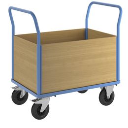 eurokraft pro Plattformwagen mit Holzw&auml;nden, mit 4 hohen W&auml;nden, LxB 1050 x 700 mm, Vollgummireifen