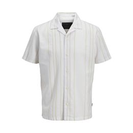 Jack & Jones Kurzarmhemd JACK & JONES "JPRBLARIVER LINEN BL. DOBBY SS SHIRT SN", Herren, Gr. L, N-Gr, cloud dancer stripes:stripes, Web, Obermaterial: 50% Baumwolle, 30% Leinen, 20% Viskose, gestreift, regular fit normal, gerader Abschluss, Hemden, mit Resort Kragen