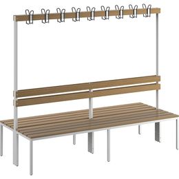 eurokraft basic Umkleidebank mit Lehne, doppelseitig, Buchenholz-Leisten, L&auml;nge 2000 mm