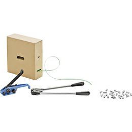 ratioform economy Umreifungs-Set, PET-Band, Spannger&auml;t, Verschlusszange, Band im Spenderkarton, Verschlussh&uuml;lsen, Bandbreite 12 mm
