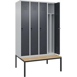 C+P Schwarz-Wei&szlig;-Spind Classic PLUS Sitzbank, schmal, 4 Abteile, verk&uuml;rzte Trennwand mittig, lichtgrau / grau, B 1200 mm, Sicherheits-Drehriegel, untergebaut, Buche-Hartholz