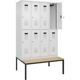 Doppelstock-Spind Evolo PLUS Sitzbank, 4 Abteile, wei&szlig;, B 1200 mm, Zylinderschloss, mit untergebauter Sitzbank, Buche kaiserkraft