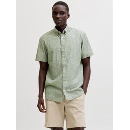 Jack & Jones Kurzarmhemd JACK & JONES "JPRBLUSUMMER LIN. BL. SHIELD SS SHIRT SN", Herren, Gr. L, N-Gr, laurel wreath fit:regular fit, Web, Obermaterial: 70% Baumwolle, 30% Leinen, meliert, regular fit normal, gerader Abschluss, Hemden, mit Stickerei