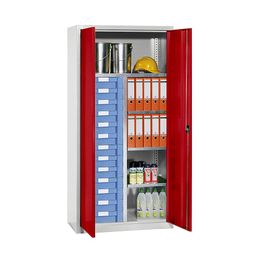 eurokraft pro Material- und Schubladenschrank, 4 Fachb&ouml;den, 13 Schubladen, lichtgrau RAL 7035 / verkehrsrot RAL 3020